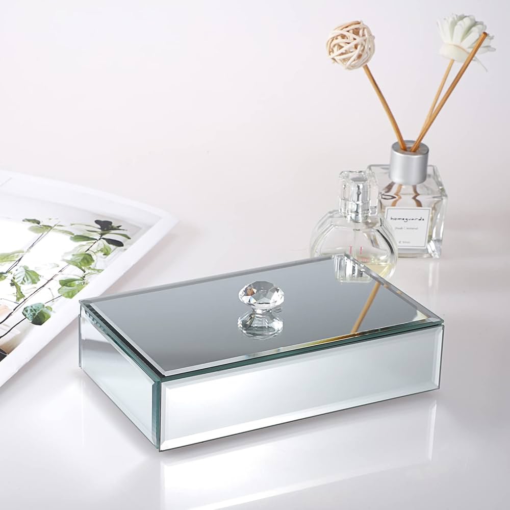 Pretty Chique Rectangle Crystal Top Mirror Box White Multipurpose ...